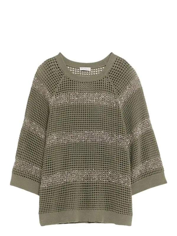 Brunello Cucinelli Water Reflection Pailette Striped Open Knit Sweater - Green And Silver