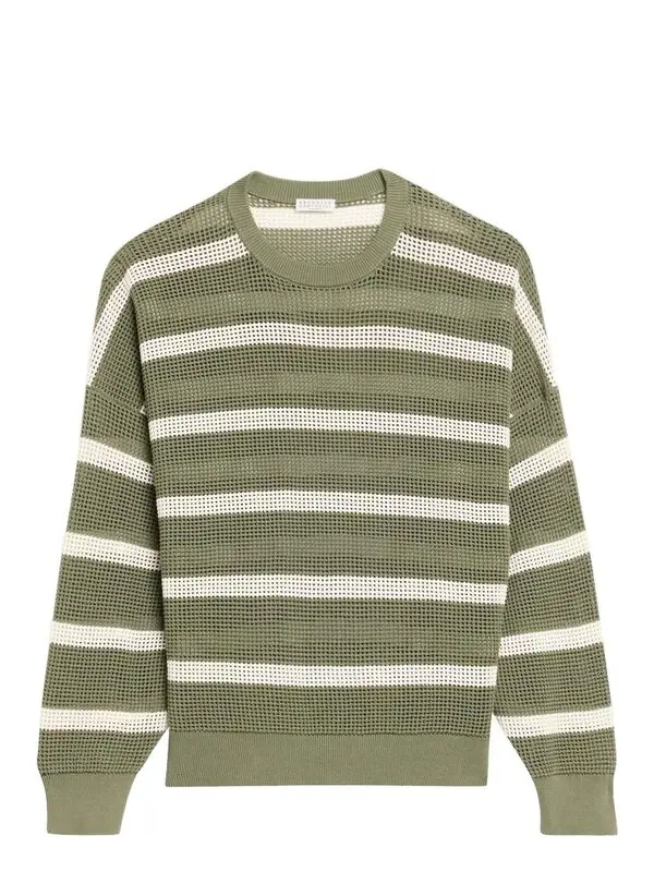 Brunello Cucinelli Striped Micronet Knit Crewneck Sweater - Eucalyptus