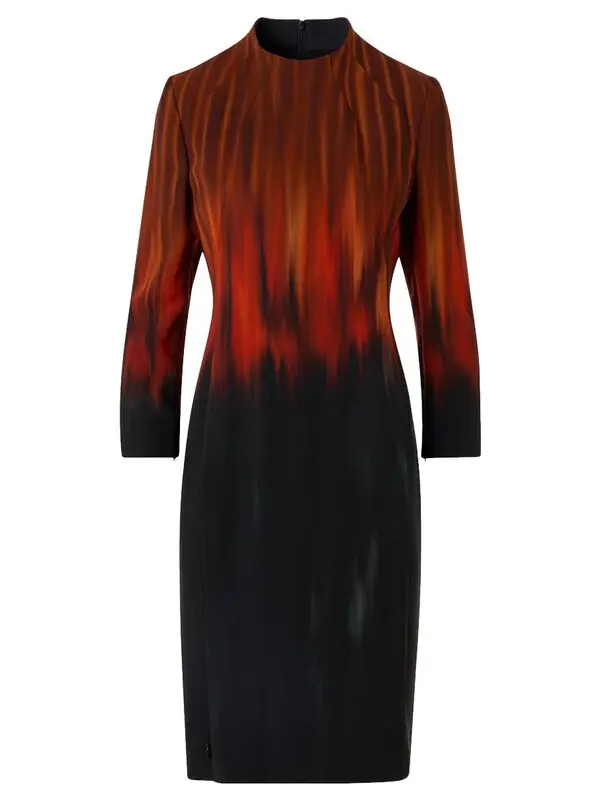 Akris Fuego-print Long-sleeve Wool Double-face Slit Dress - Coffee