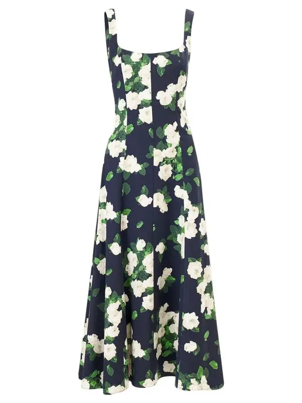 Carolina Herrera Sleeveless Square-neck Rose-print Paneled Midi Dress - Midnight Multi