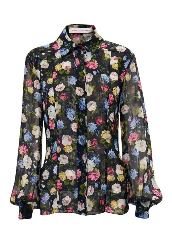 Carolina Herrera Isabella Rose-print Silk Chiffon Button-down Shirt - Midnight Multi