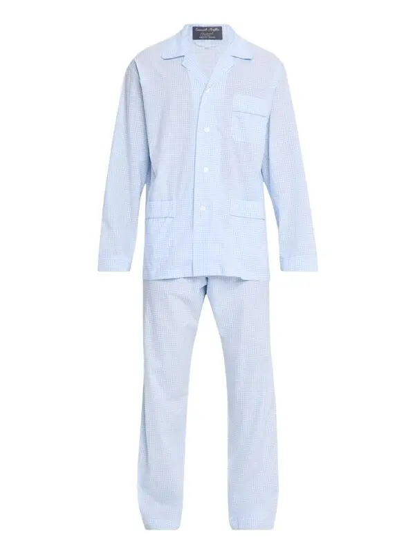 Bergdorf Goodman Cotton And Linen Micro-check Long Pajama Set - Blue