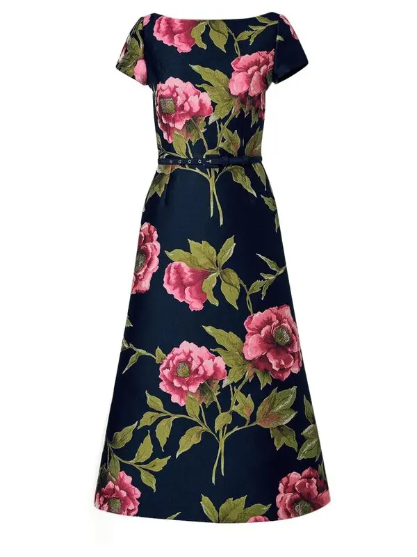 Carolina Herrera Metallic Floral Jacquard Short-sleeve Belted Midi Dress - Midnight Multi