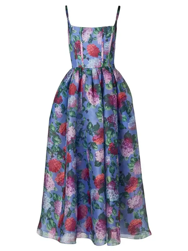 Carolina Herrera Hydrangea-print Silk Organza Fit-and-flare Midi Dress - Isle Blue Multi