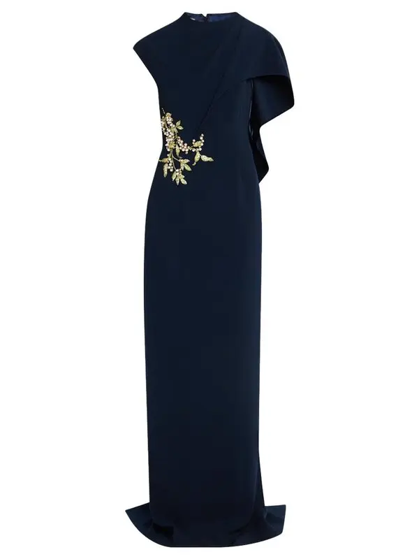 Rickie Freeman For Teri Jon Floral-embroidered Asymmetric Capelet Gown - Navy