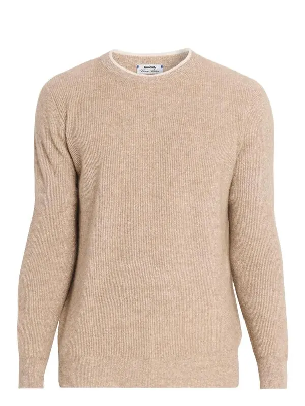 Cesare Attolini Ribbed Cashmere Mouline Tipped Crewneck Sweater - Tan