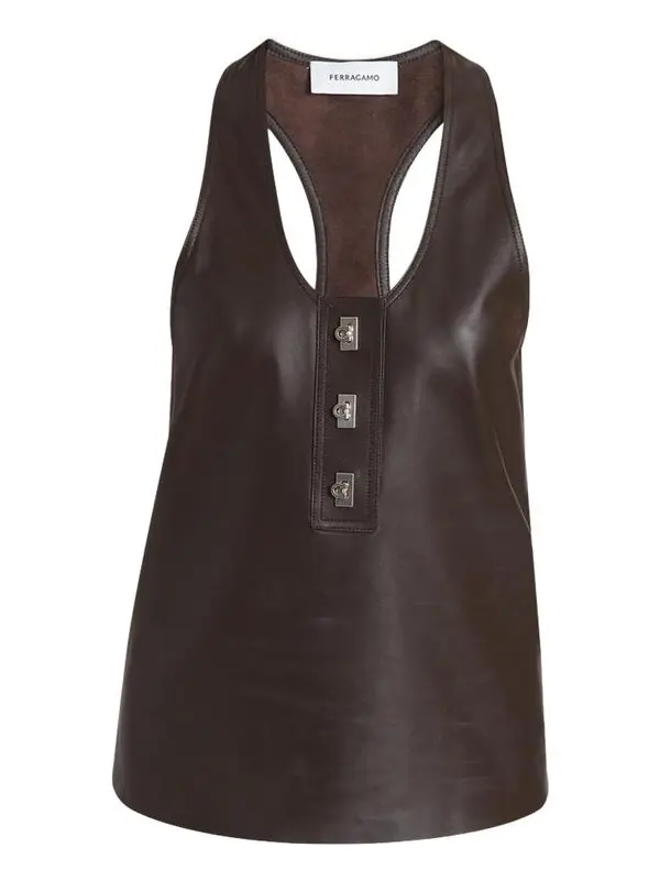 FERRAGAMO Toggle Nappa Leather Racerback Tank Top - Expresso