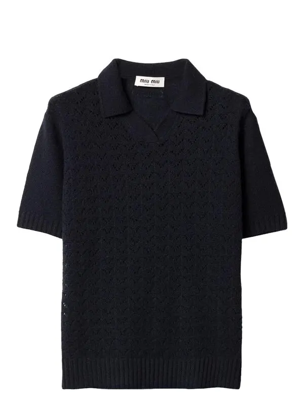 Miu Miu Pointelle Cashmere Knit Short-sleeve Polo Sweater - Bleu