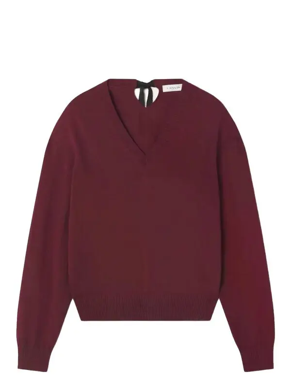 LANVIN V-neck Merino Sweater With Grosgrain Detail - Red