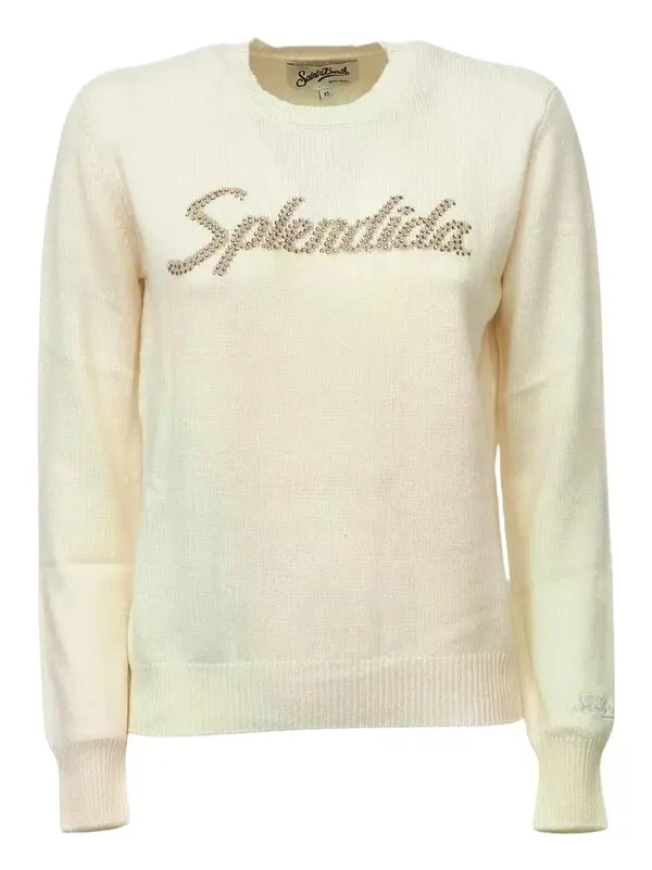 MC2 SAINT BARTH Off White New Queen Crewneck Sweater Knit With Splendida Rhinestone Embroidery - Neutrals