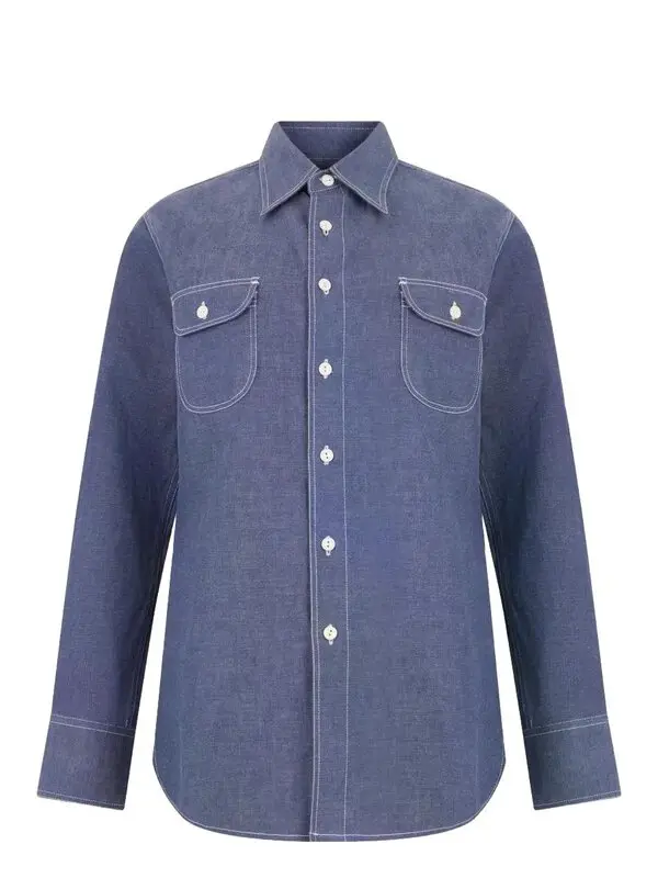 MOORER Contrast-stitch Chest-pocket Shirt - Blue