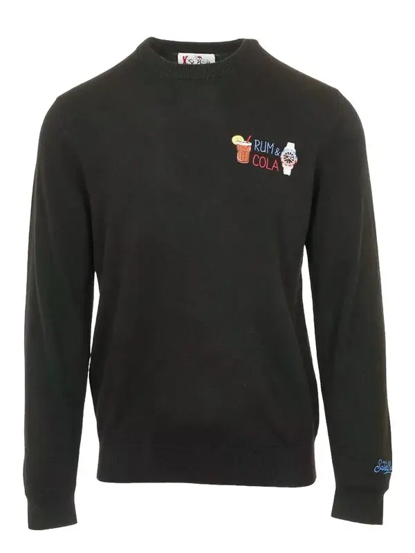 MC2 SAINT BARTH Heron Light Wool And Cashmere Blend Crewneck With Rum & Cola Embroidery - Black