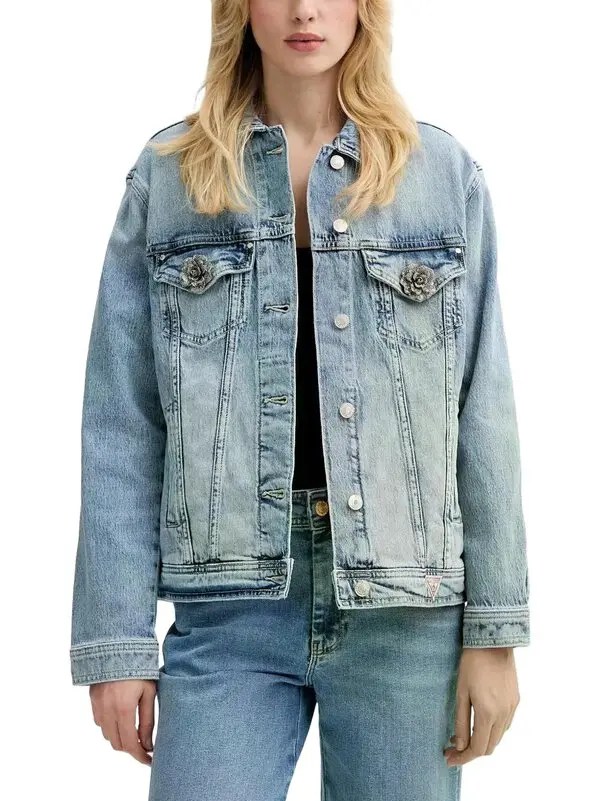 Guess Crystal-embellished Floral-patch Denim Jacket - Blue