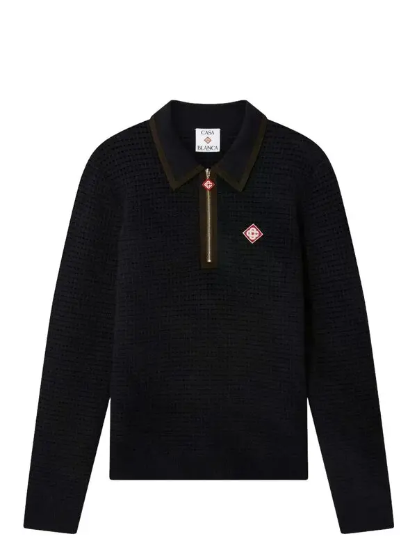 Casablanca Navy Wool Waffle Stitch Long-sleeve Polo Shirt - Blue