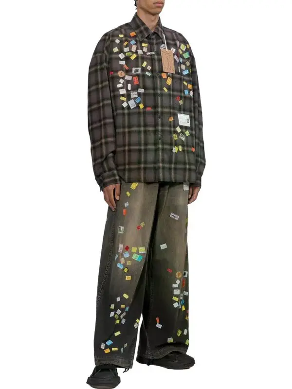 Mihara Yasuhiro Price Sticker Printed Check Shirt - Brown