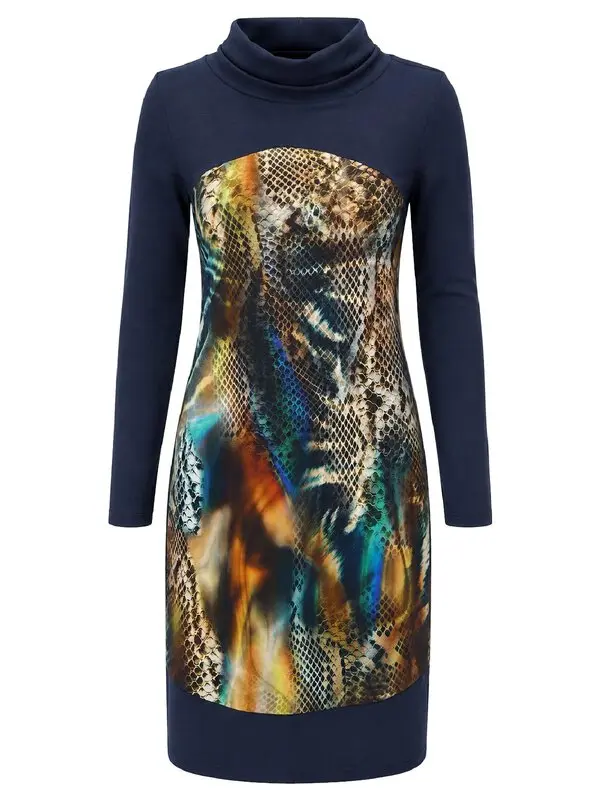 CONQUISTA Cowl-neck Printed Panel Dress - Blue