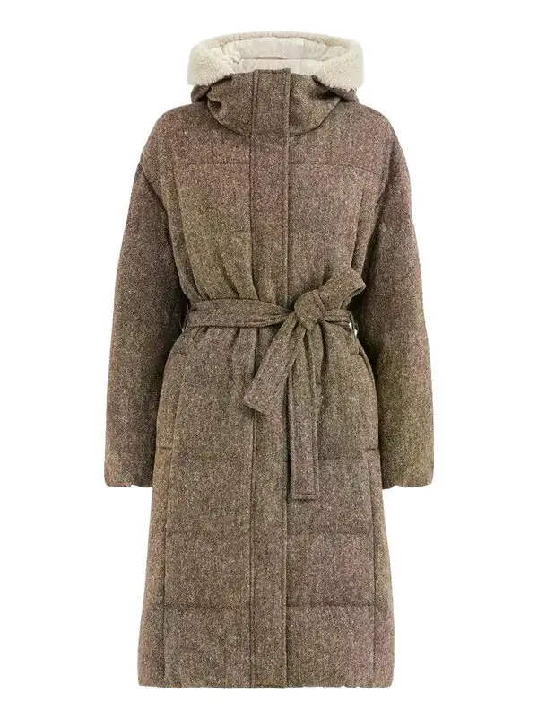 Brunello Cucinelli Virgin Wool Donegal Down Coat With Shearling Inserts And Monili - Brown