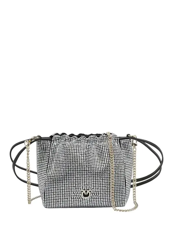 Pinko Fully Rhinestoned Shoulder Bucket Bag With Fur-effect Shoulder Strap - Silver