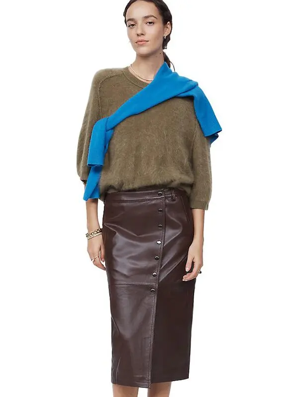 Anthropologie Leather Snap Front Pencil Skirt - Brown