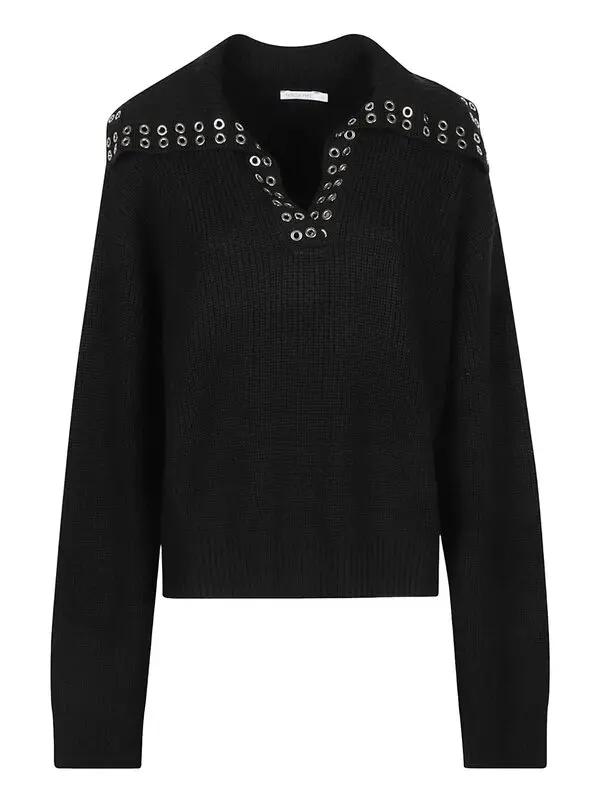 Patrizia Pepe Eyelet Polo Neck Knitted Sweater - Black