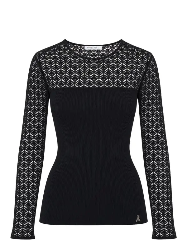 Patrizia Pepe Sheer Pattern Long Sleeve Knitted Sweater - Black