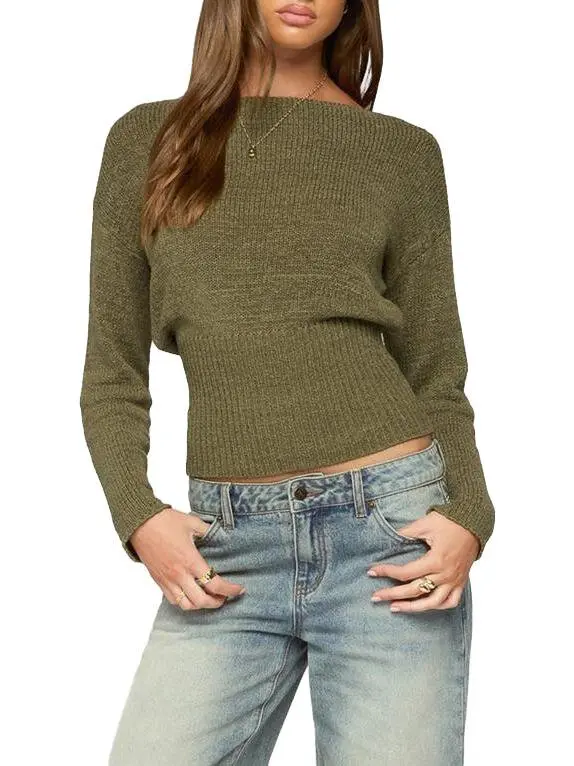 EDIKTED Tezi Boat Neck Light Knit Top - Olive
