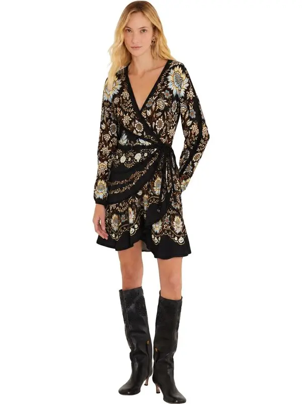 Farm Rio Daniela Long Sleeve Wrap Mini Dress - Daniela Black