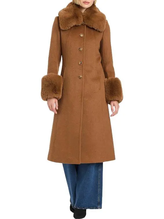 Vince Camuto Faux Fur Trim Maxi Coat - Camel