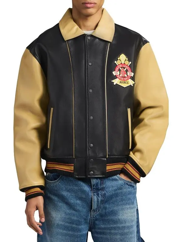 AVIREX Chief High Hawk Leather Varsity Jacket - Black