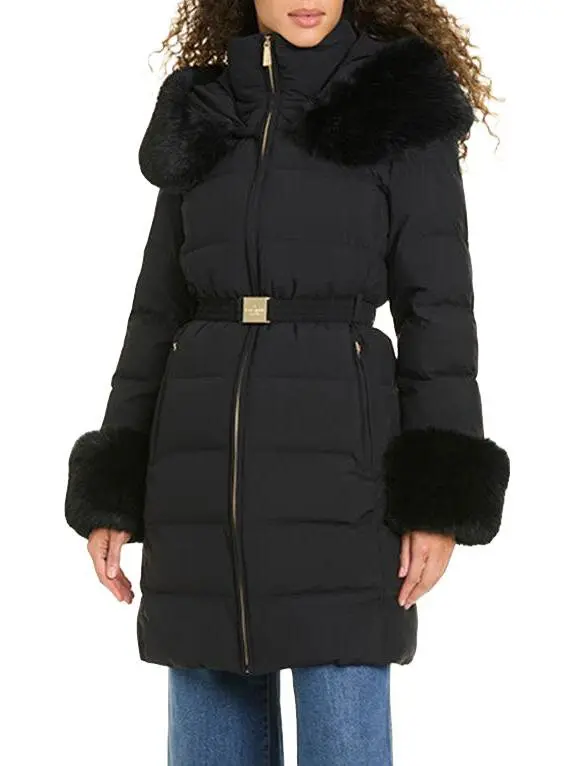 Kate Spade New York Belted Puffer Coat With Removable Faux Fur Trim - Black