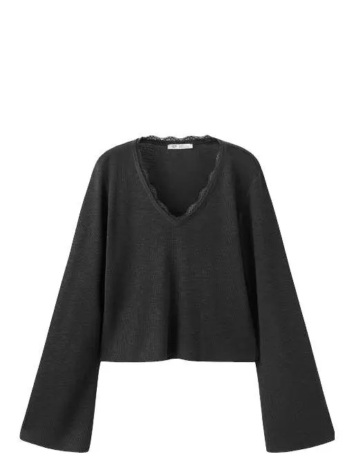 Mango Lace Trim V-neck Sweater - Grey