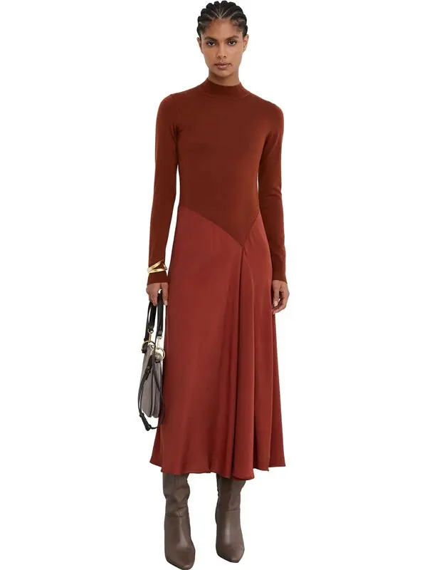 REISS Nora Petite Knitted Woven Mix High-neck Midi Dress - Rust Orange