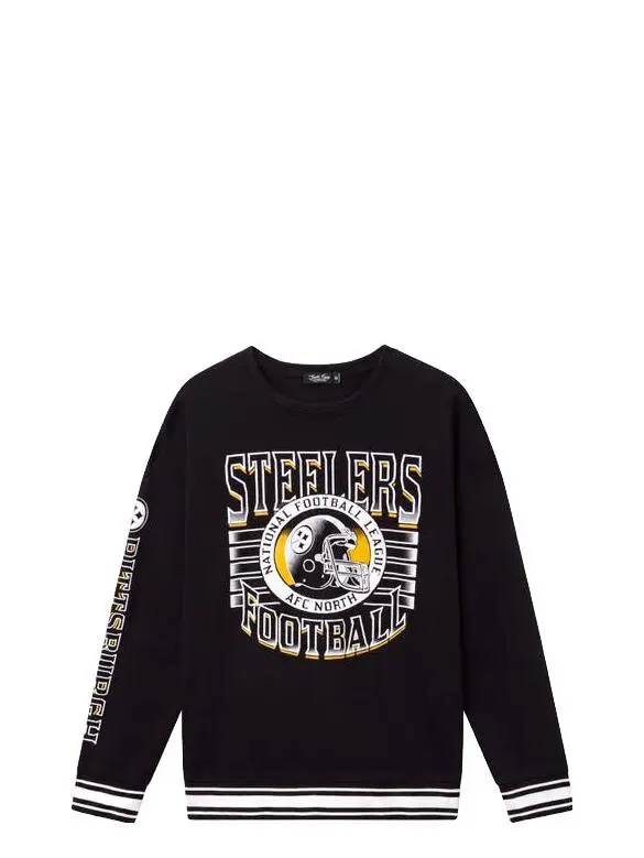 Junk Food Pittsburgh Steelers Oversize Striped Rib Fleece Crewneck Sweatshirt - True Black
