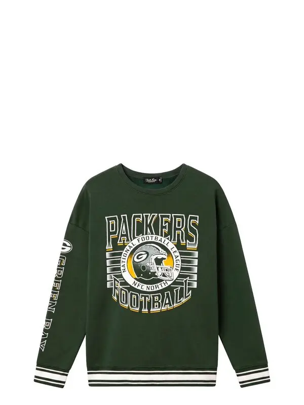 Junk Food Green Bay Packers Oversize Striped Rib Fleece Crewneck Sweatshirt - Hunter
