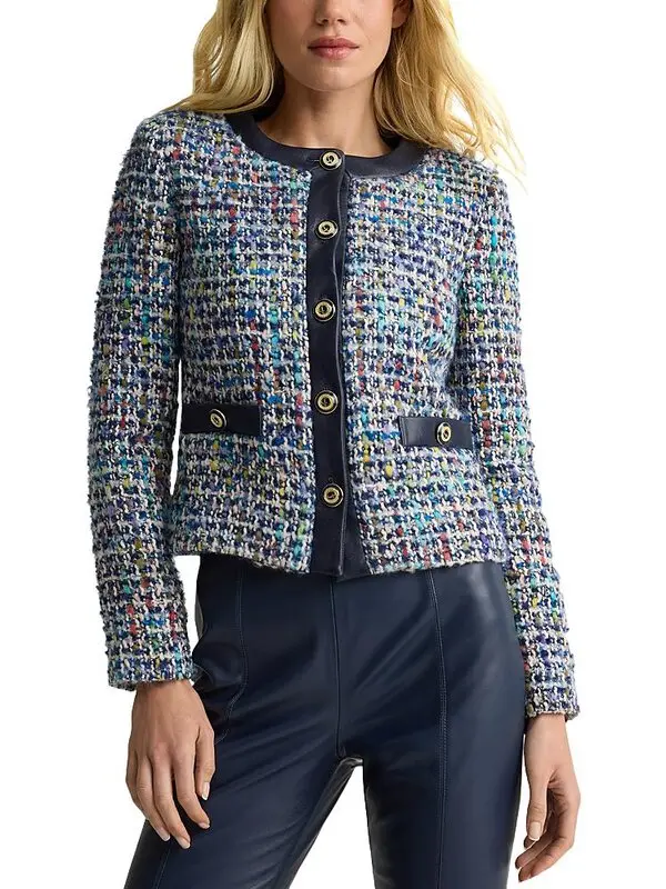 St. John Leather Trim Tweed Jacket - Midnight/ecru Multi