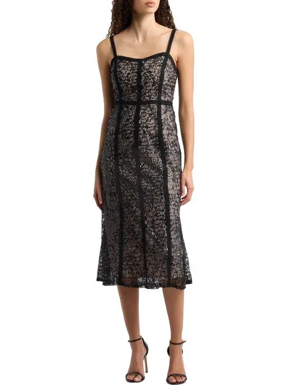 Sam Edelman Sequin & Lace Seam Detail Midi Dress - Black/nude