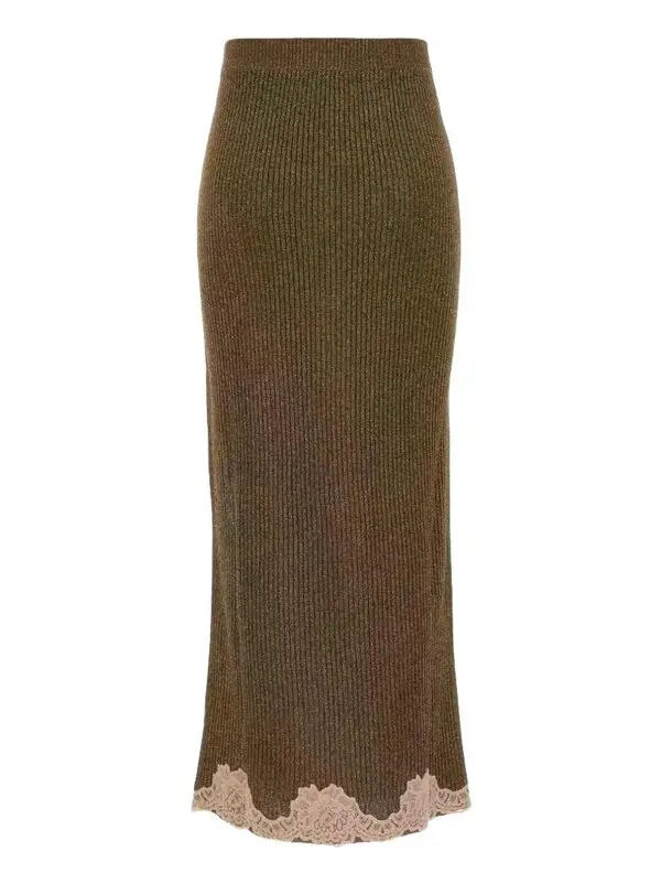 Valentino Garavani Lace-trim Ribbed-knit Midi Skirt - Brown