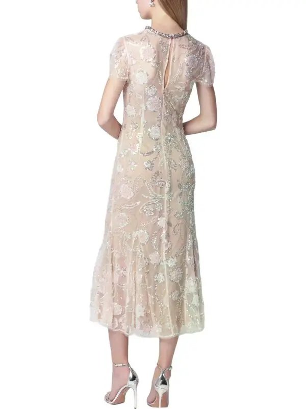 SELF-PORTRAIT Pink Flower Sequin Embellished Midi Dress - Neutrals