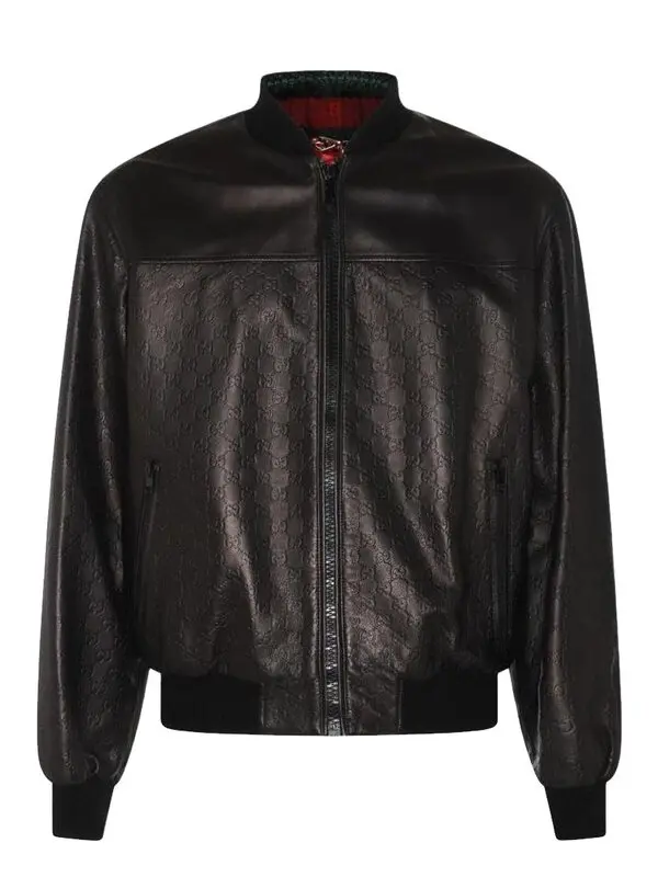 Gucci Gg Embossed Leather Bomber Jacket - Black