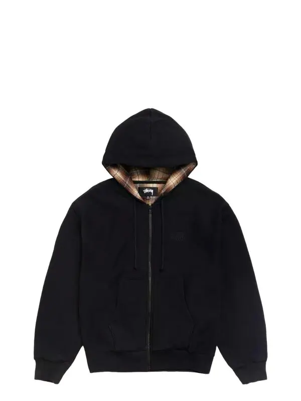 StÜssy Plaid-lined Logo-embroidered Hoodie - Black