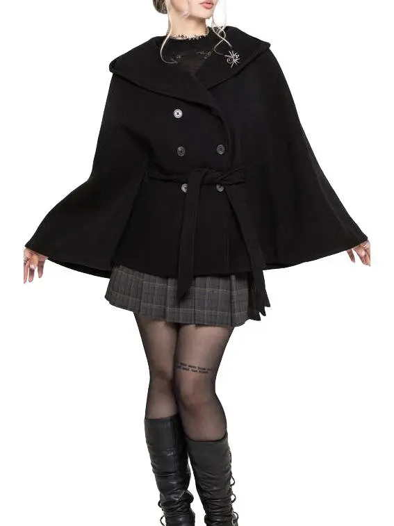 DISTURBIA Althea Hooded Spider Pin Detail Cape - Black
