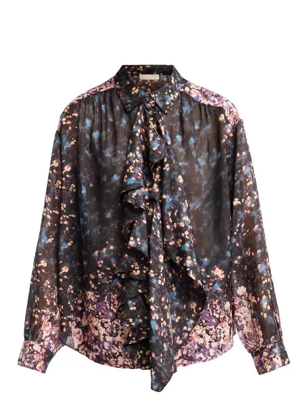 Ulla Johnson Gesture Floral Silk Ruffle Blouse - Eclipse