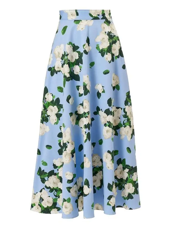 Carolina Herrera Cabana Floral Half Circle Cotton-blend Midi-skirt - Cloudy Blue Multi