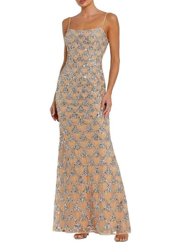 Mac Duggal Prom Sequined Mesh Slipdress - Silver