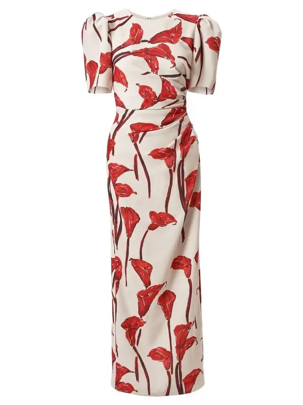 Carolina Herrera Floral Gathered Puff-sleeve Cocktail Dress - Ceramic Multi