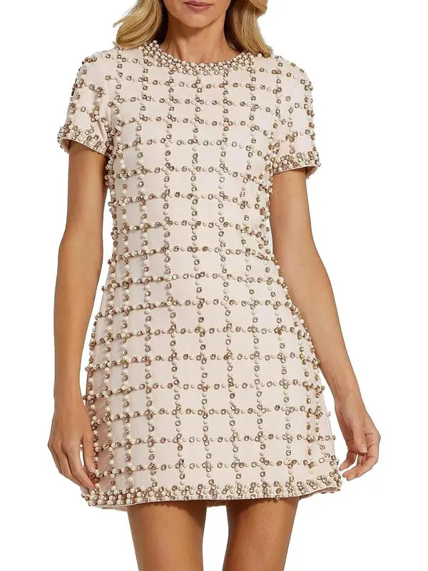 Mac Duggal Cocktail Beaded Sheath Minidress - Blush