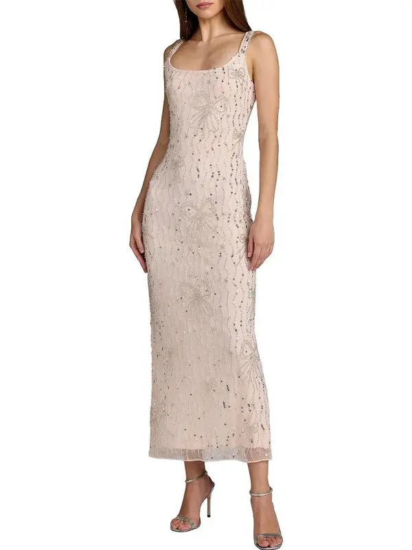 Mac Duggal Cocktail Beaded Mesh Scoopneck Gown - Blush