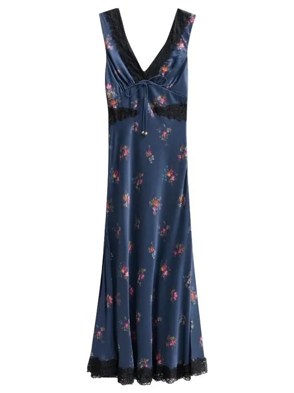 SELF-PORTRAIT Inset-lace Printed Satin Midi Dress - Navy