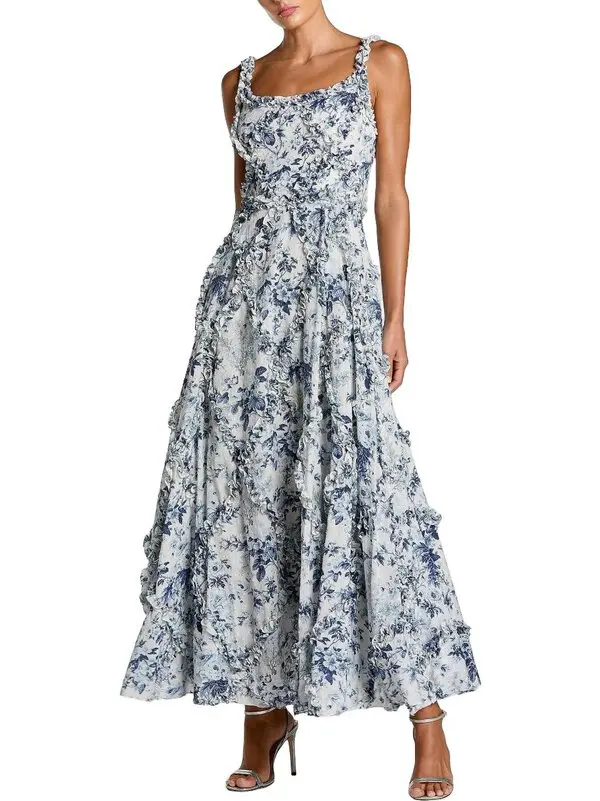 Mac Duggal Ruffle Floral Sweetheart Maxi Dress - Blue Multi