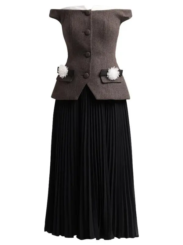 SELF-PORTRAIT Off-the-shoulder Chiffon Midi Dress - Brown